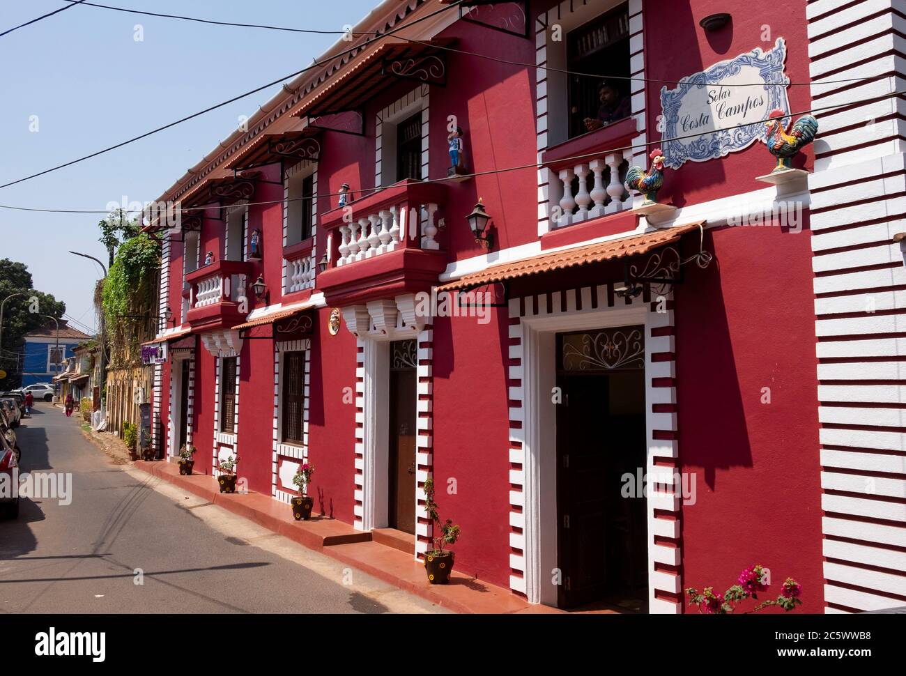 Row of beautiful red colonial style houses in Panaji, Goa, India Stock ...