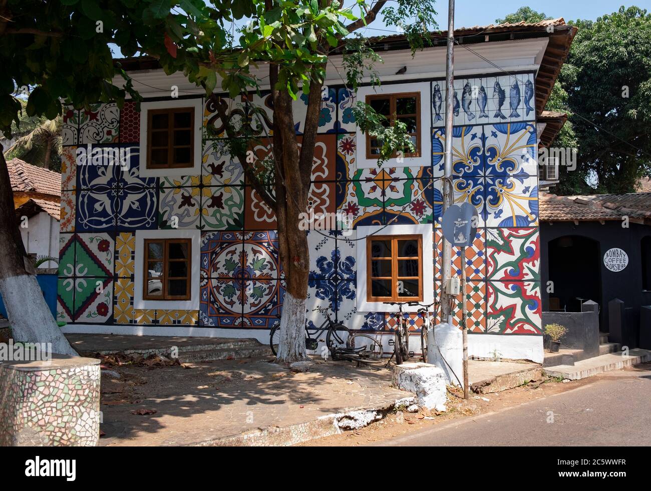Azulejos mural facade of the Bombay Coffee Roasters cafe in Panaji, Goa ...