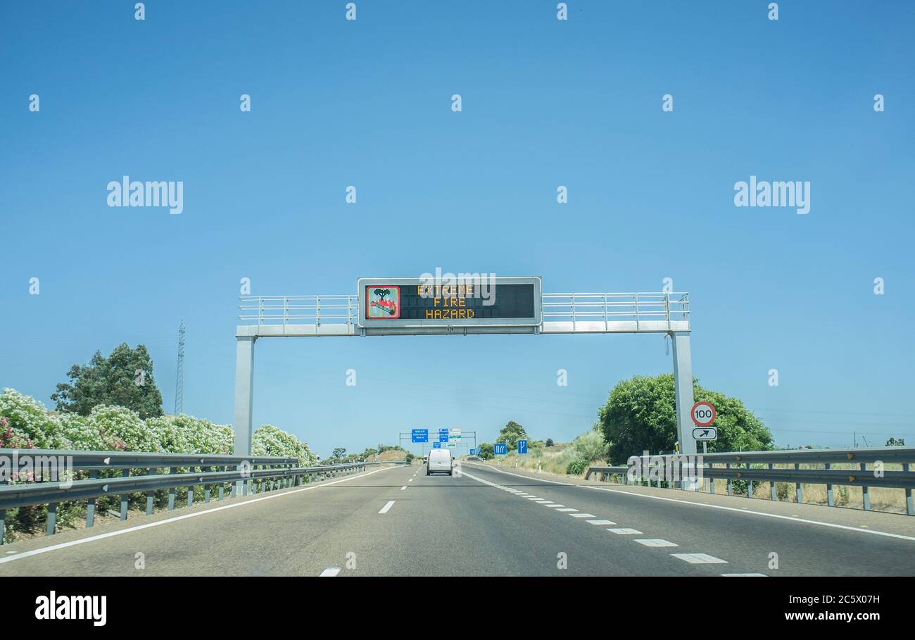 Extreme Fire Hazard sign on highway. Information in english Stock Photo ...
