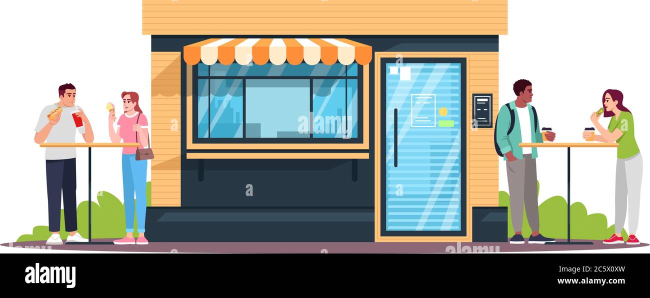 Couples having lunch at snackbar semi flat RGB color vector ...