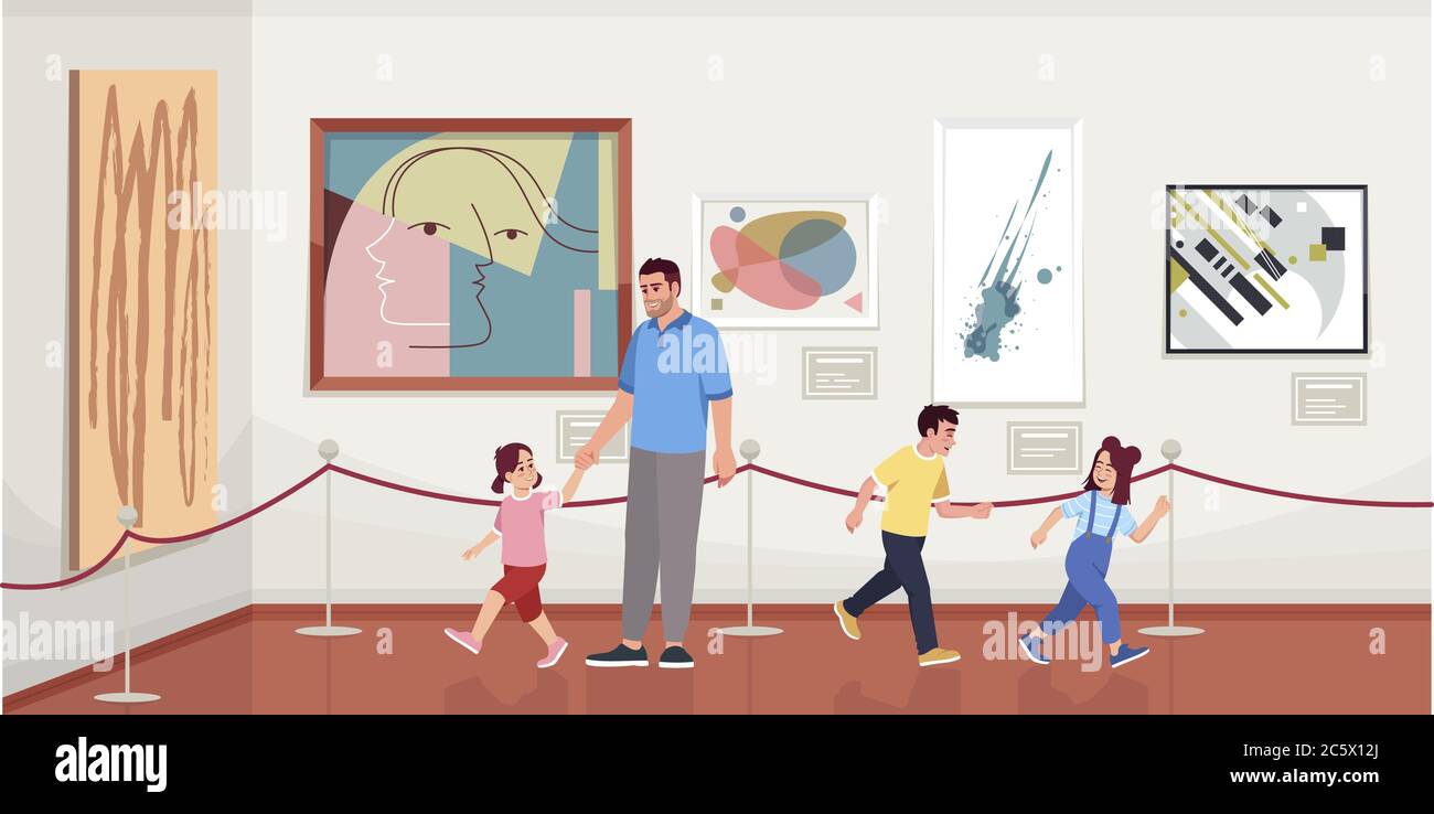 Father with children in modern art gallery semi flat vector ...