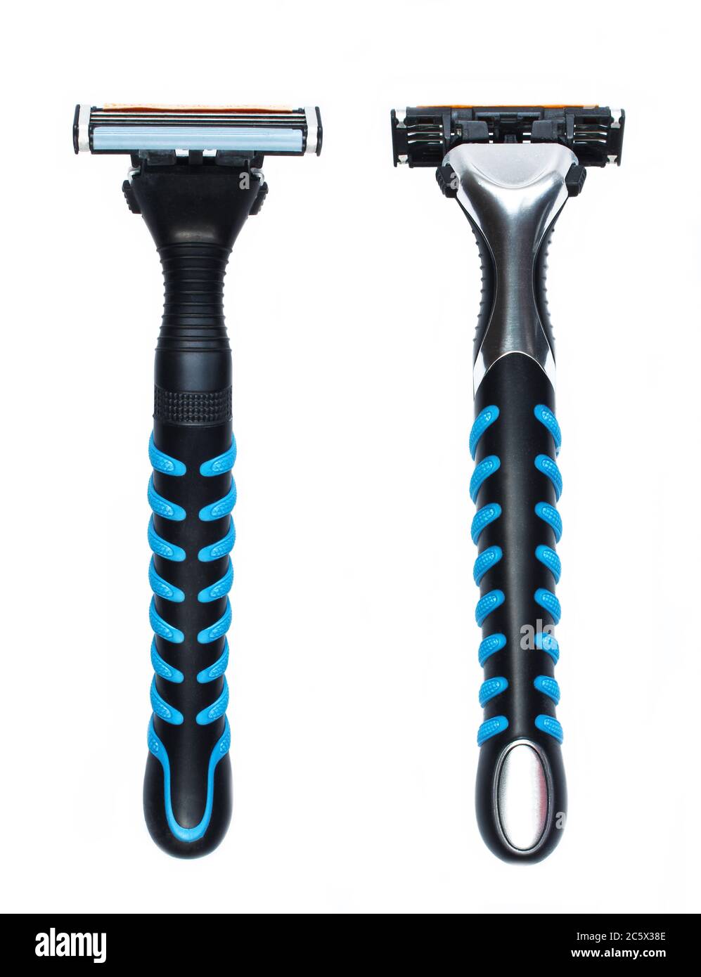 Two sides of disposable shaving razor isolated on white background. Top ...