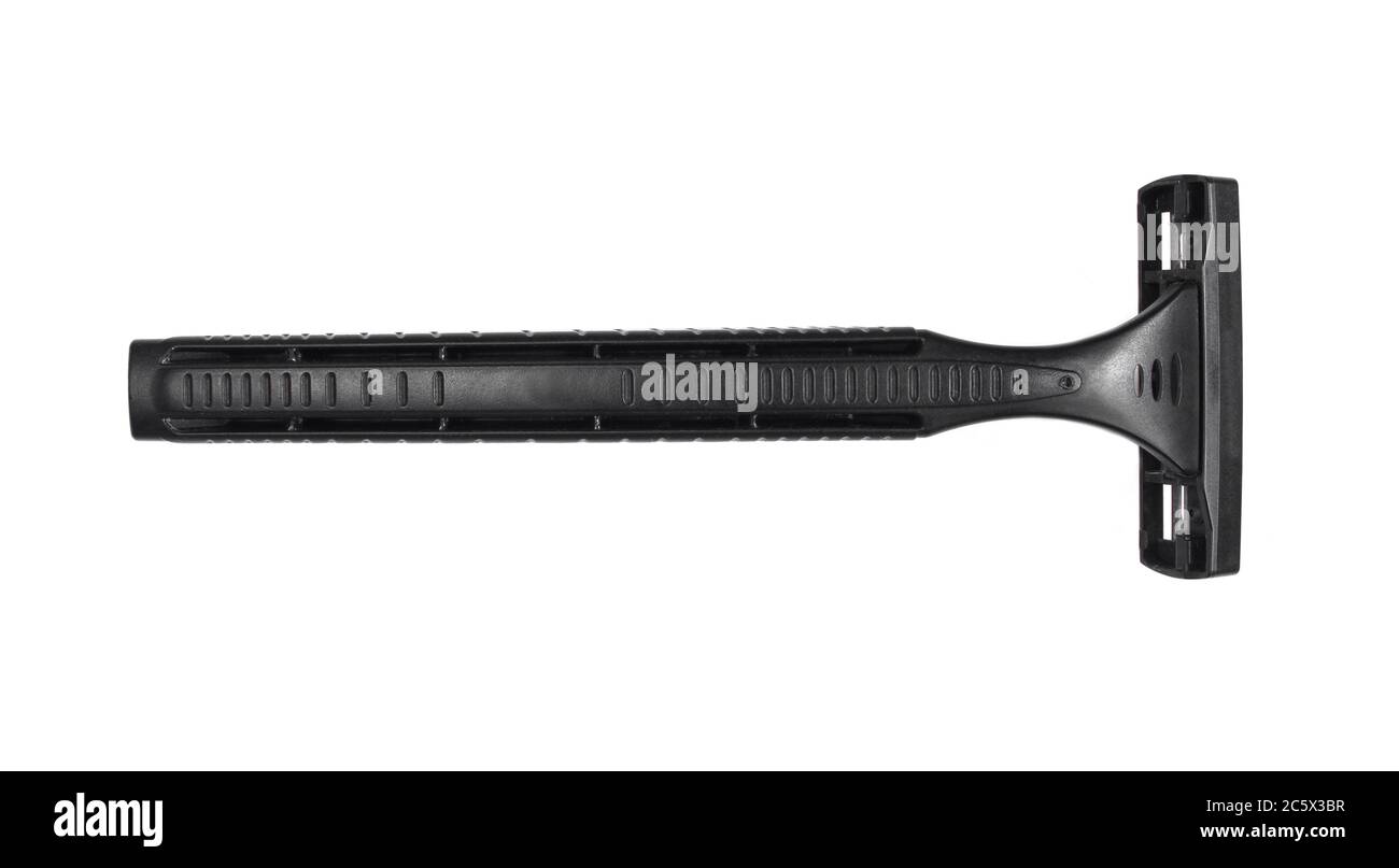 Black shaving razor isolated on white background. Top view of ...