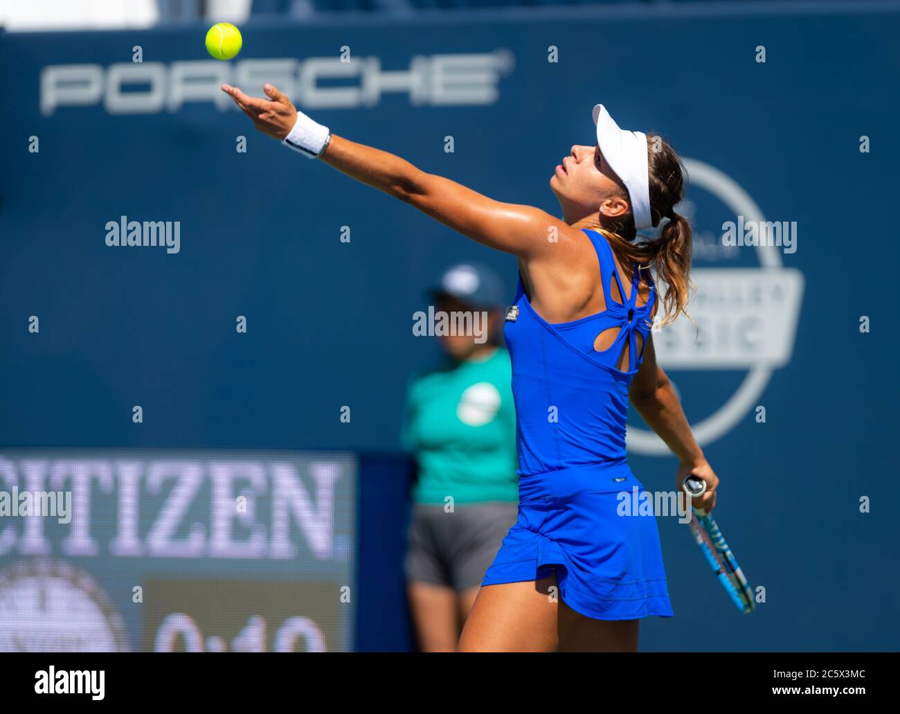 Magda Linette of Poland in action during the first round of the 2019 ...