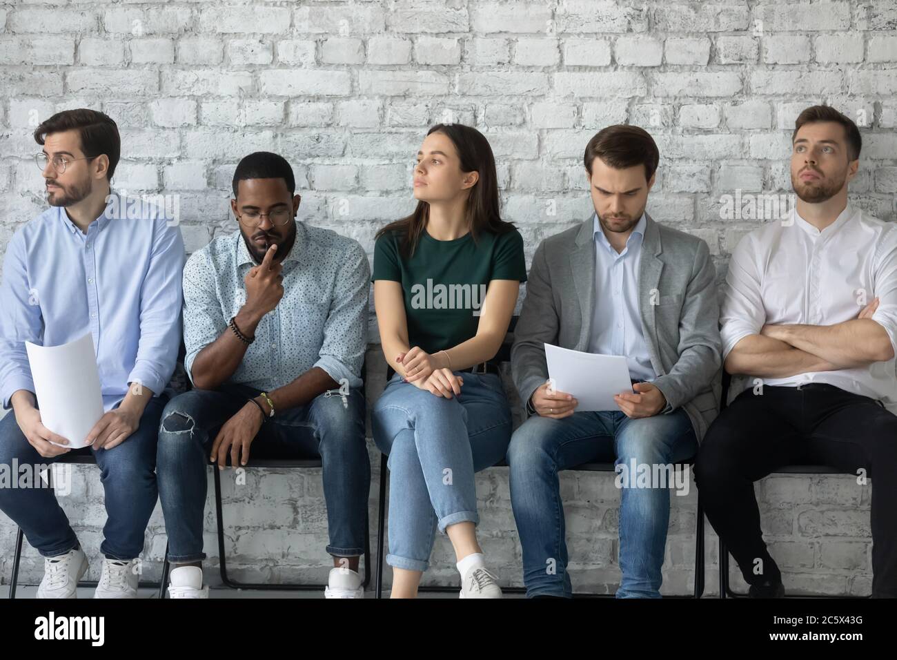 Group of people wait turn feels nervous due job interview Stock Photo ...