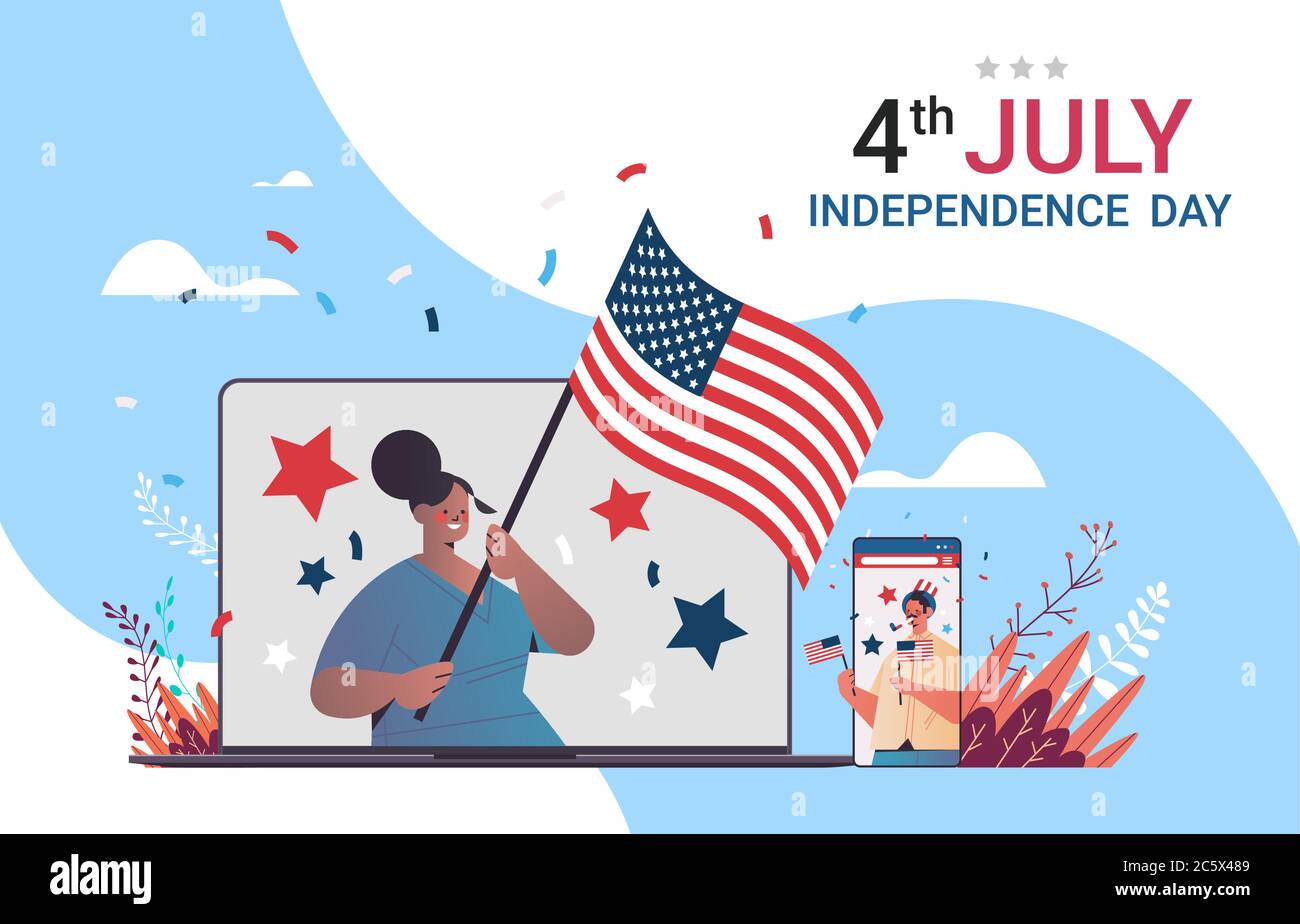 people in digital devices screens celebrating 4th of july independence ...