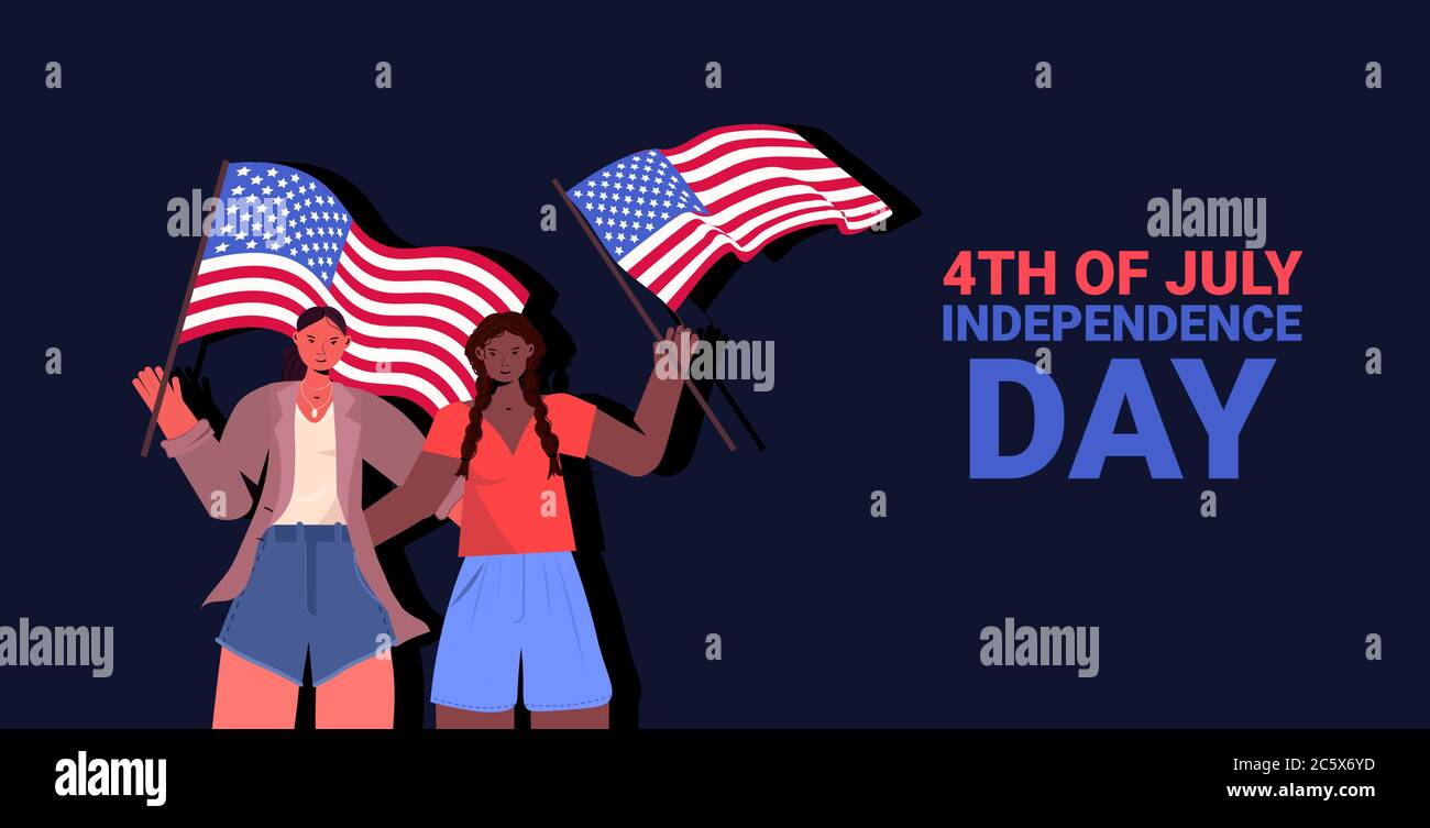 mix race women holding usa flags girls couple celebrating 4th of july ...