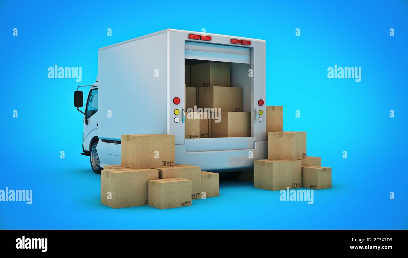 white delivery truck with cardboard boxes. 3d rendering Stock Photo - Alamy