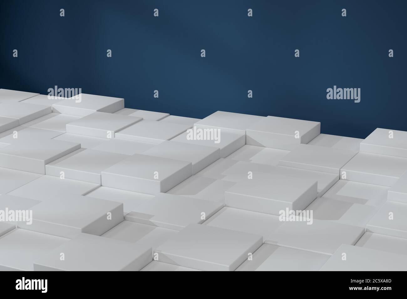 White cubic floor with blue wall background, 3d rendering. Computer ...