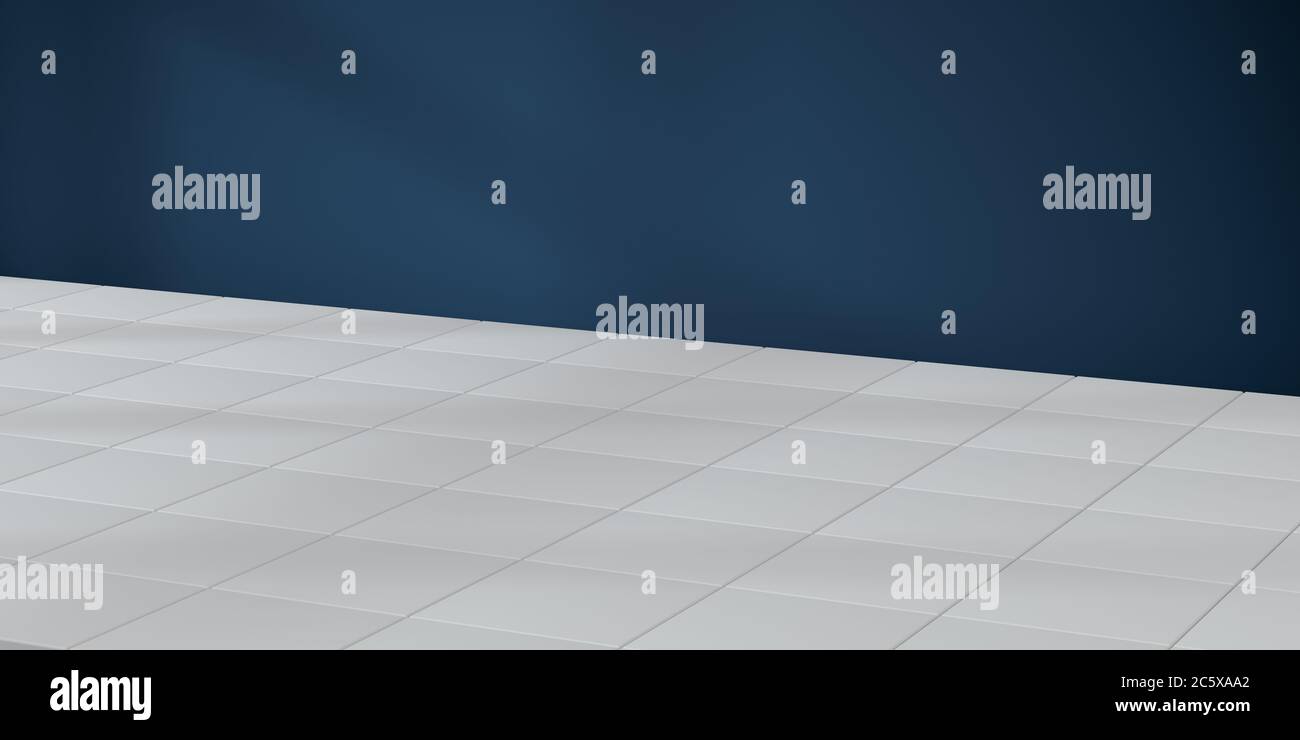White cubic floor with blue wall background, 3d rendering. Computer ...