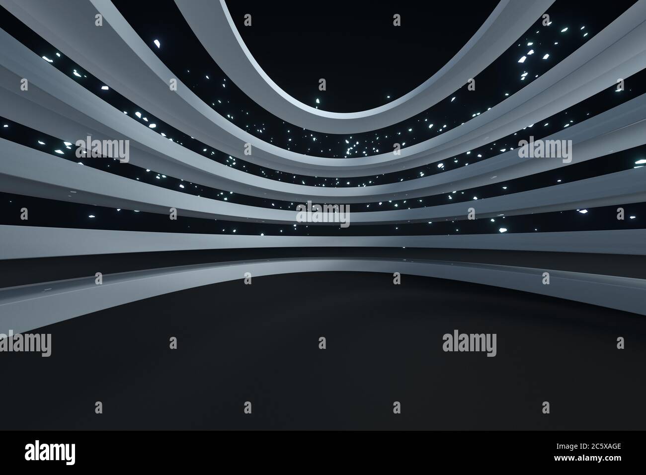 Metal curve geometry with empty ground, 3d rendering. Computer digital ...