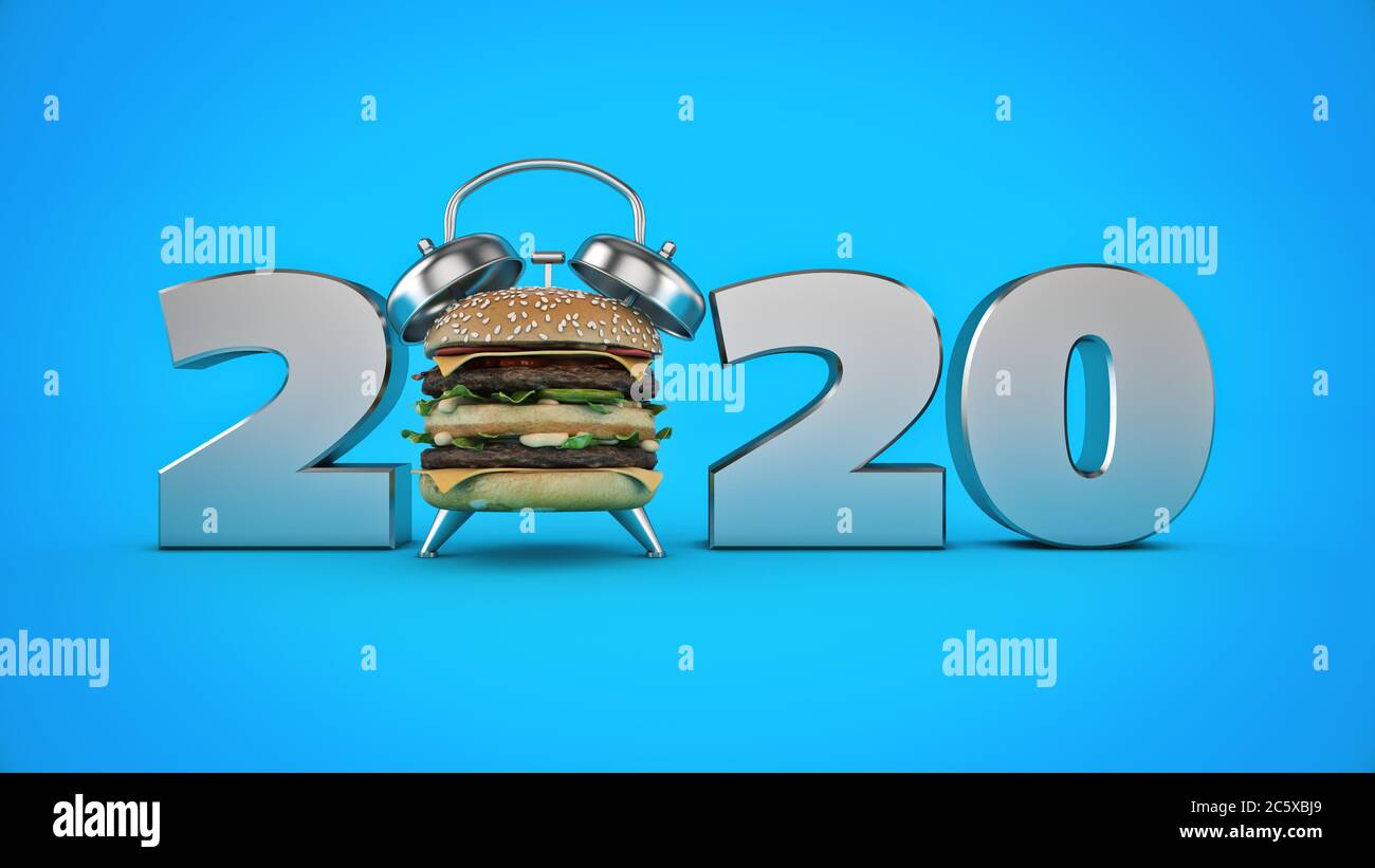 hamburger alarm clock concept 2020 New Year sign. 3d rendering Stock ...