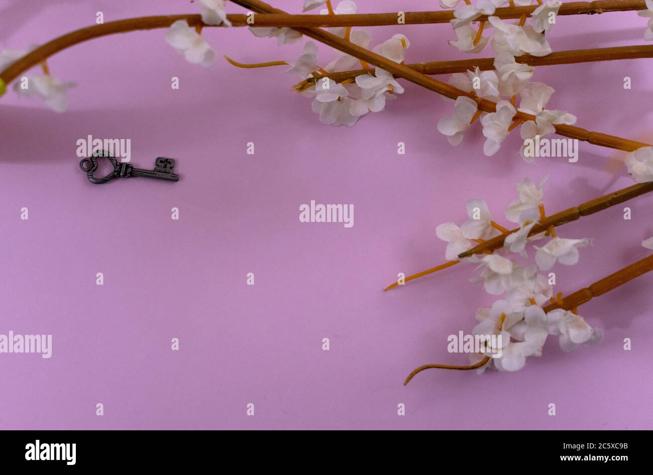 Vintage key over pink background with white flowers and copy space ...