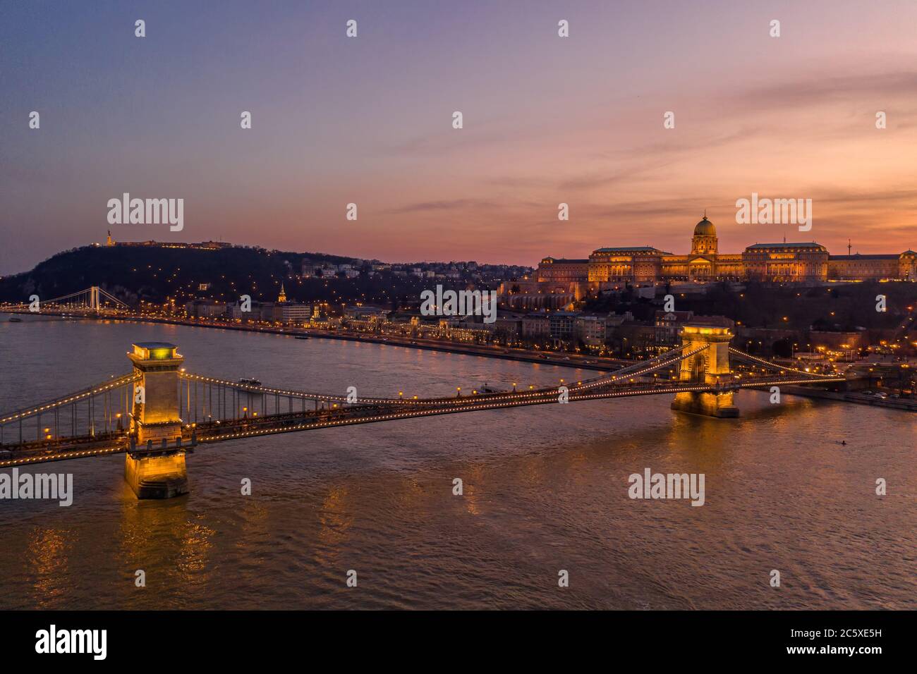 Aerial drone shot of Buda castle on Buda Hill during Budapest sunset ...