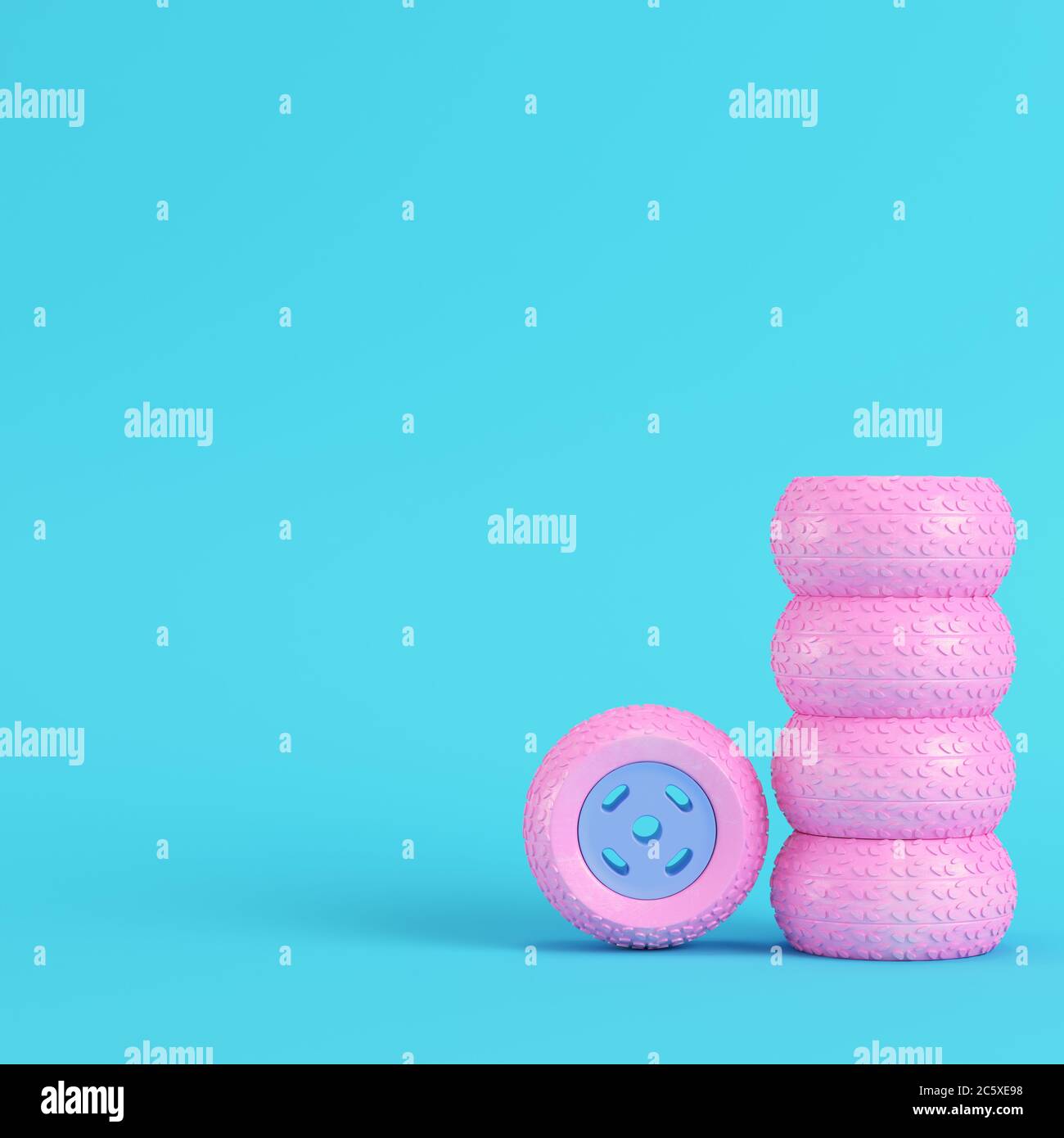 Pink car wheels on bright blue background in pastel colors. Minimalism ...