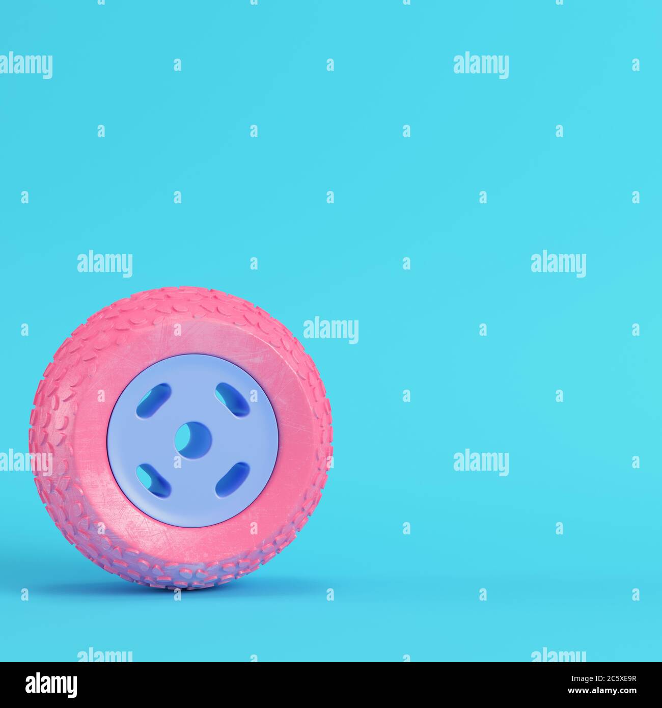 Pink car wheel on bright blue background in pastel colors. Minimalism ...