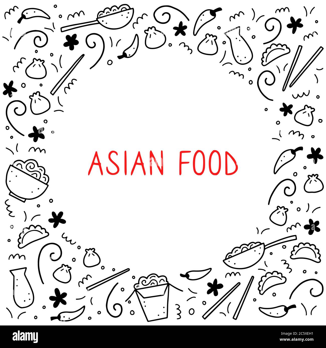 Hand drawn set of Asian food elements, wok, ramen, noodle, soy. Doodle ...