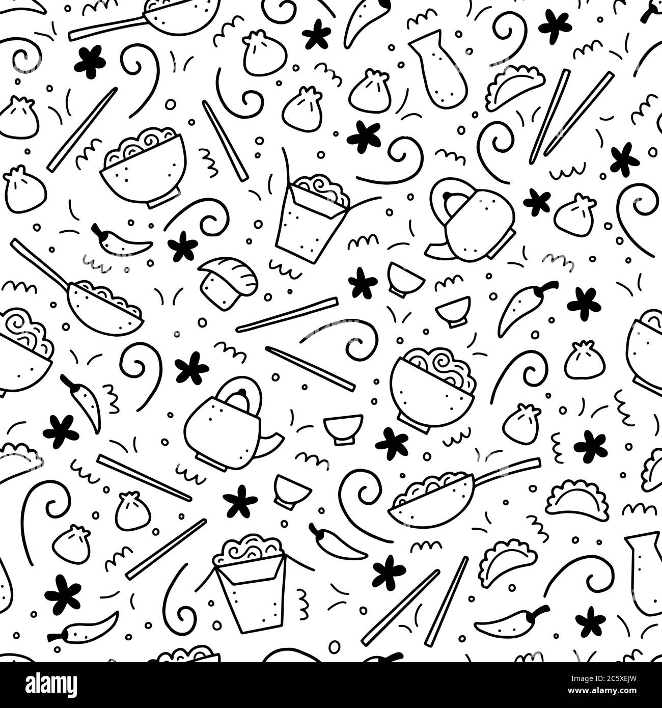 Hand drawn seamless pattern of Asian food elements, wok, ramen, noodle ...