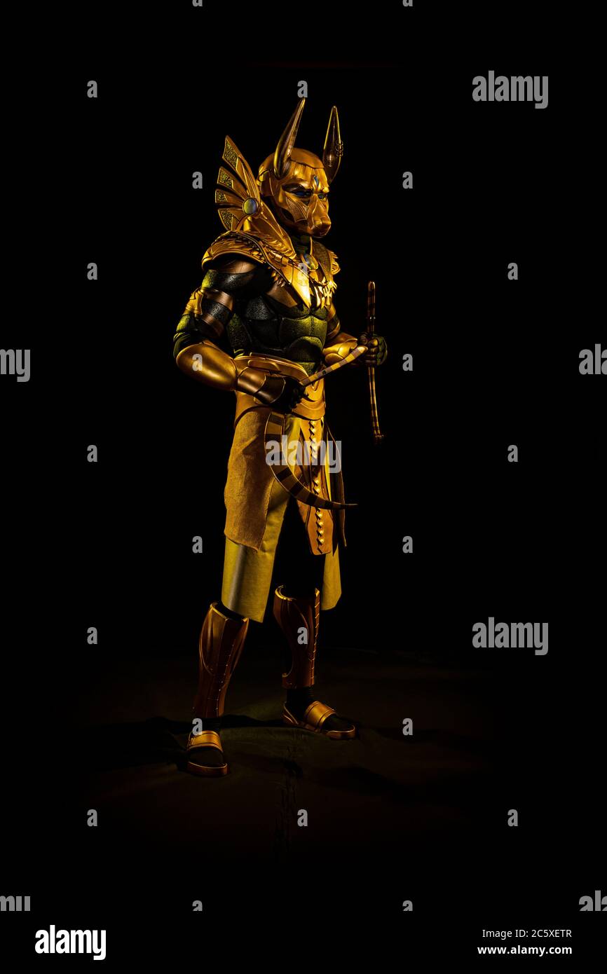 a male actor in a suit of an Egyptian mythology character, the golden ...