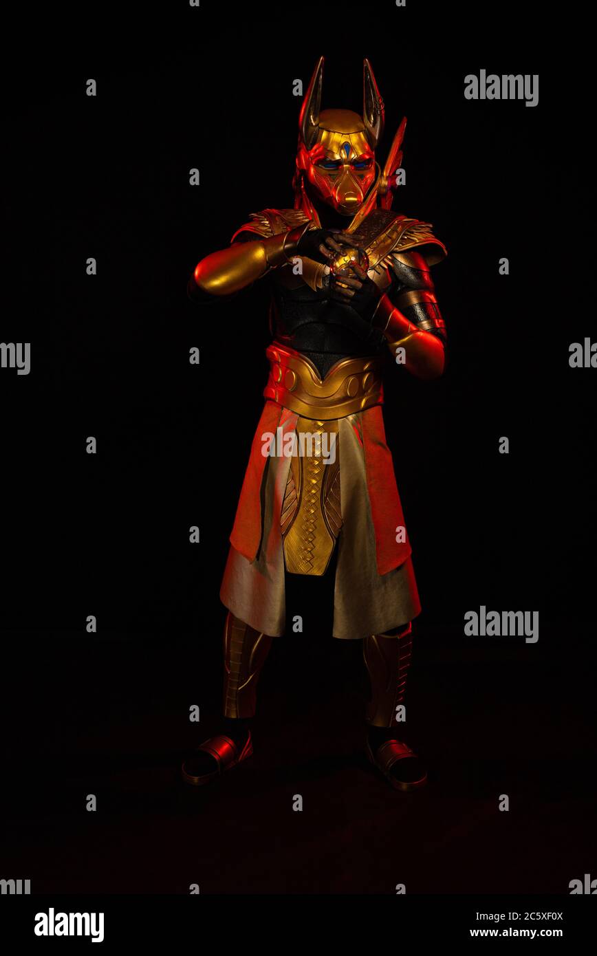a male actor in a suit of an Egyptian mythology character, the golden ...