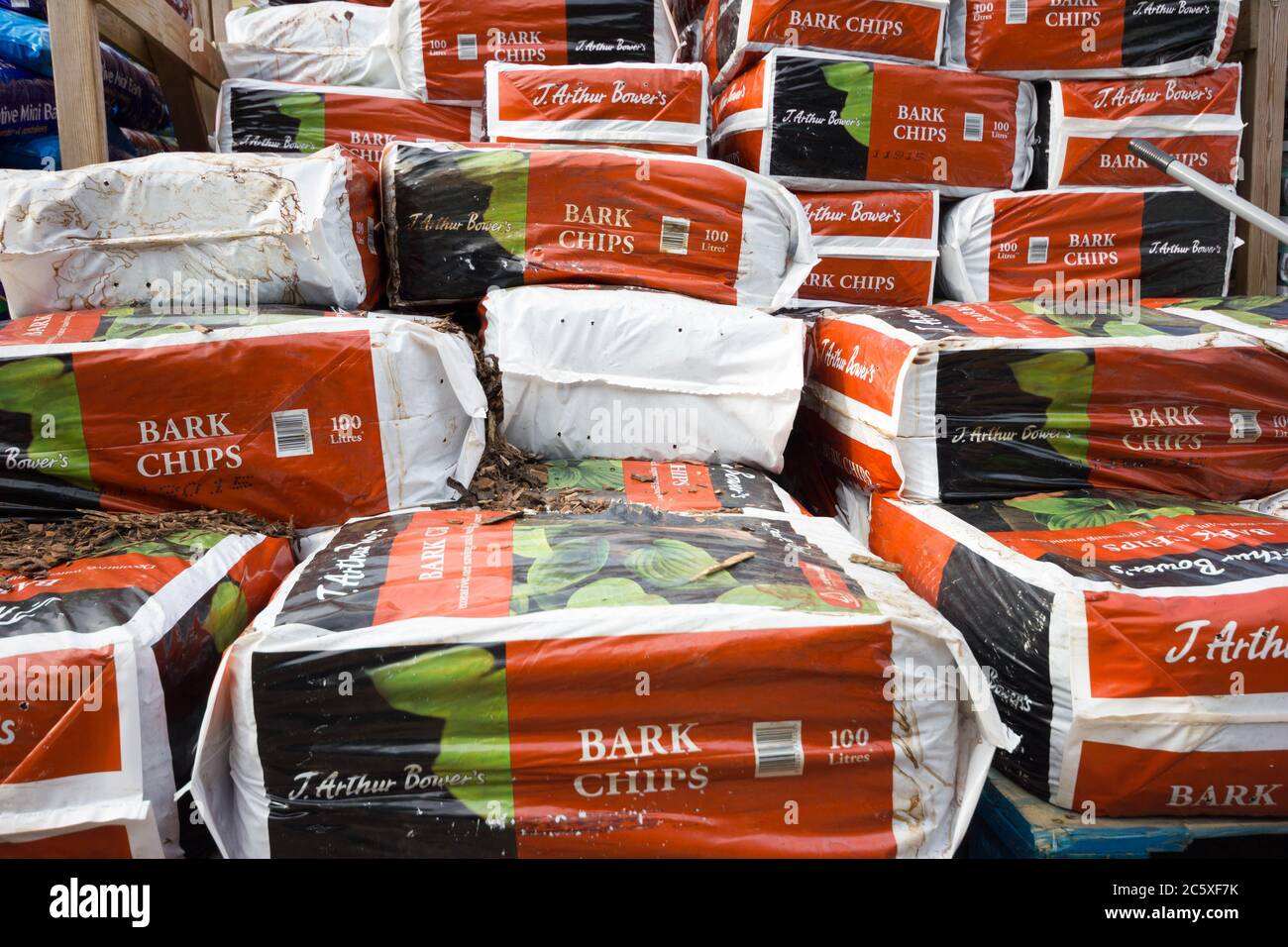 Pallet of Bark chips ifor sale n Garden centre in Kent , England, UK ...