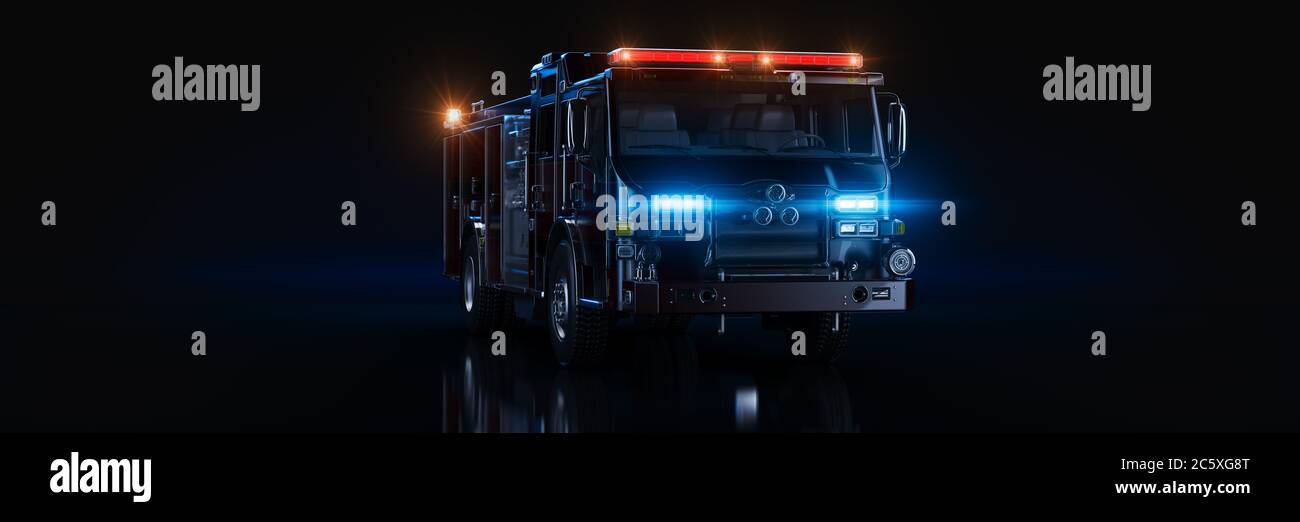 Fire Truck, studio setup, on a dark background. 3d rendering Stock ...