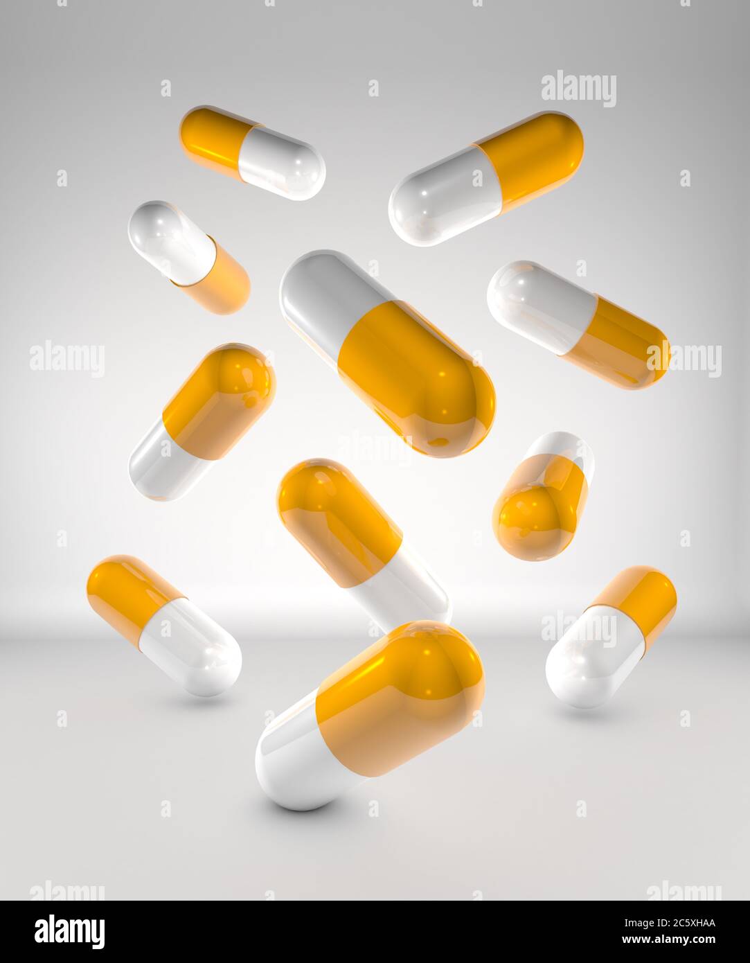 Medicine capsules flying orange and white, on white background. 3D ...