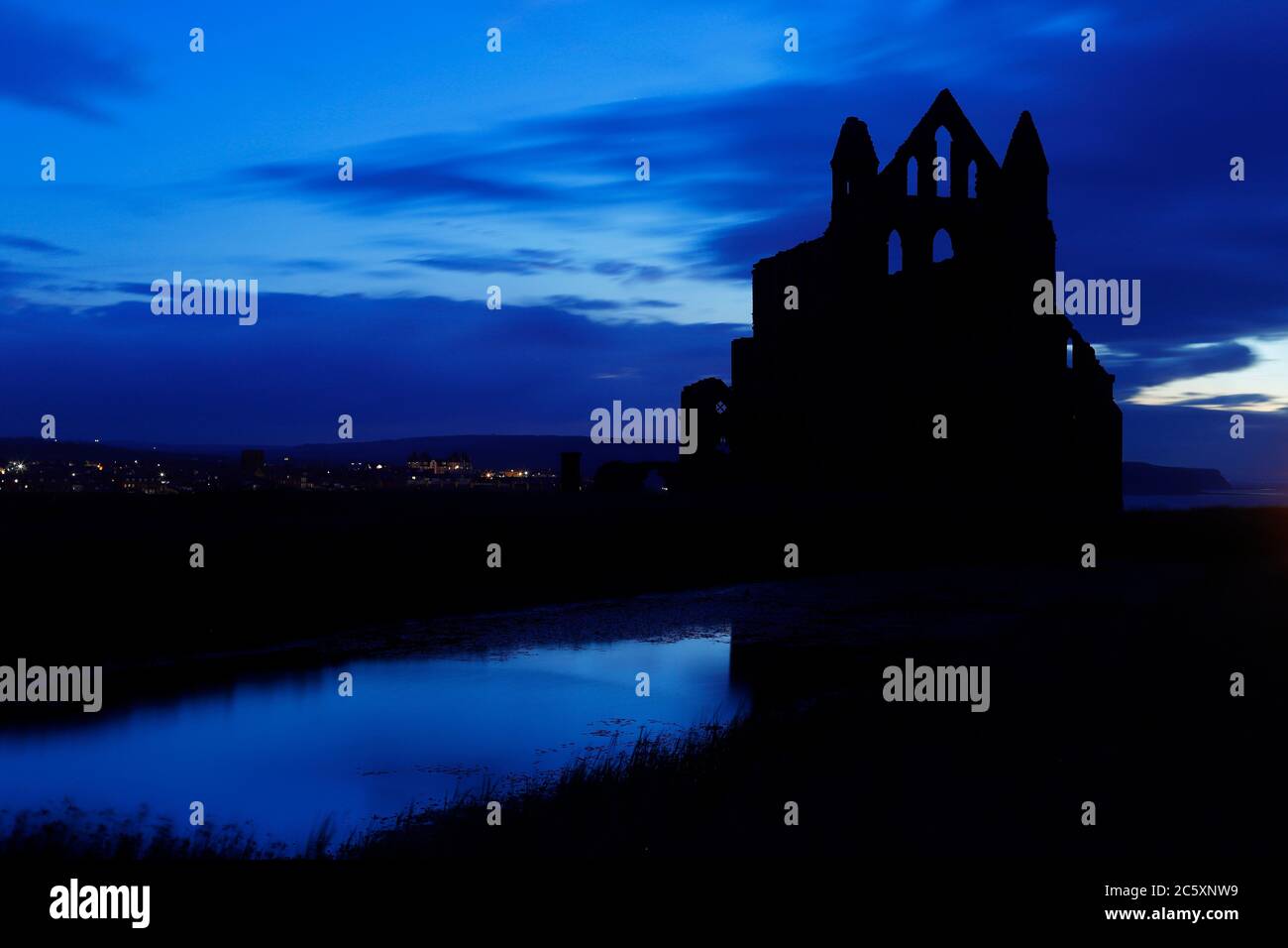 Whitby Abbey illuminated by light painting with a hand held torch Stock ...
