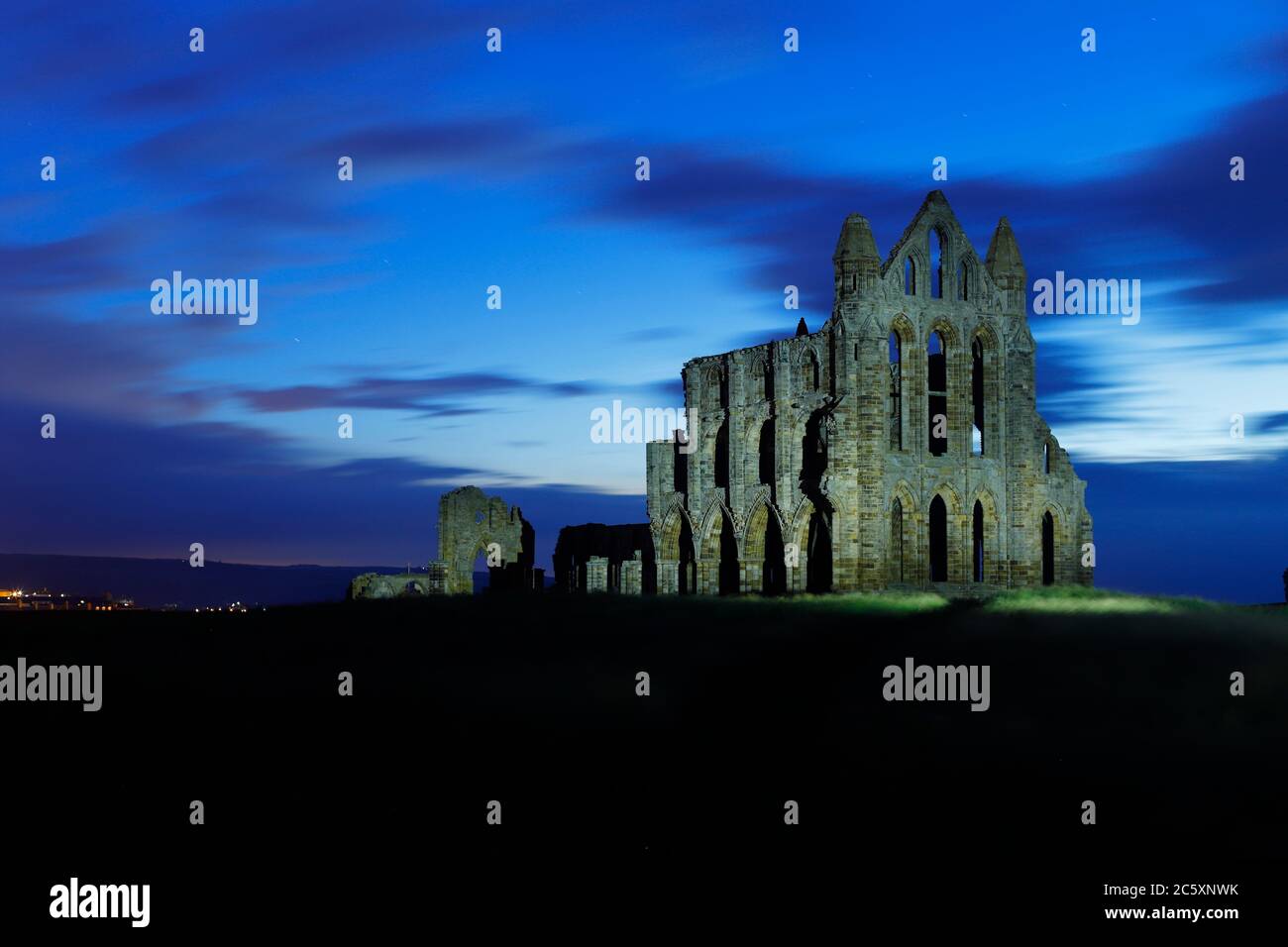 Whitby Abbey illuminated by light painting with a hand held torch Stock ...