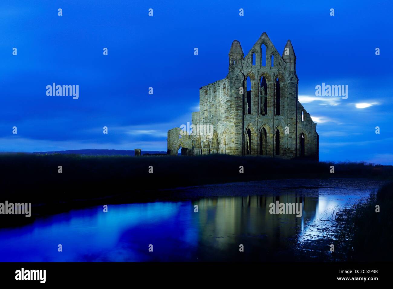 Whitby Abbey illuminated by light painting with a hand held torch Stock ...