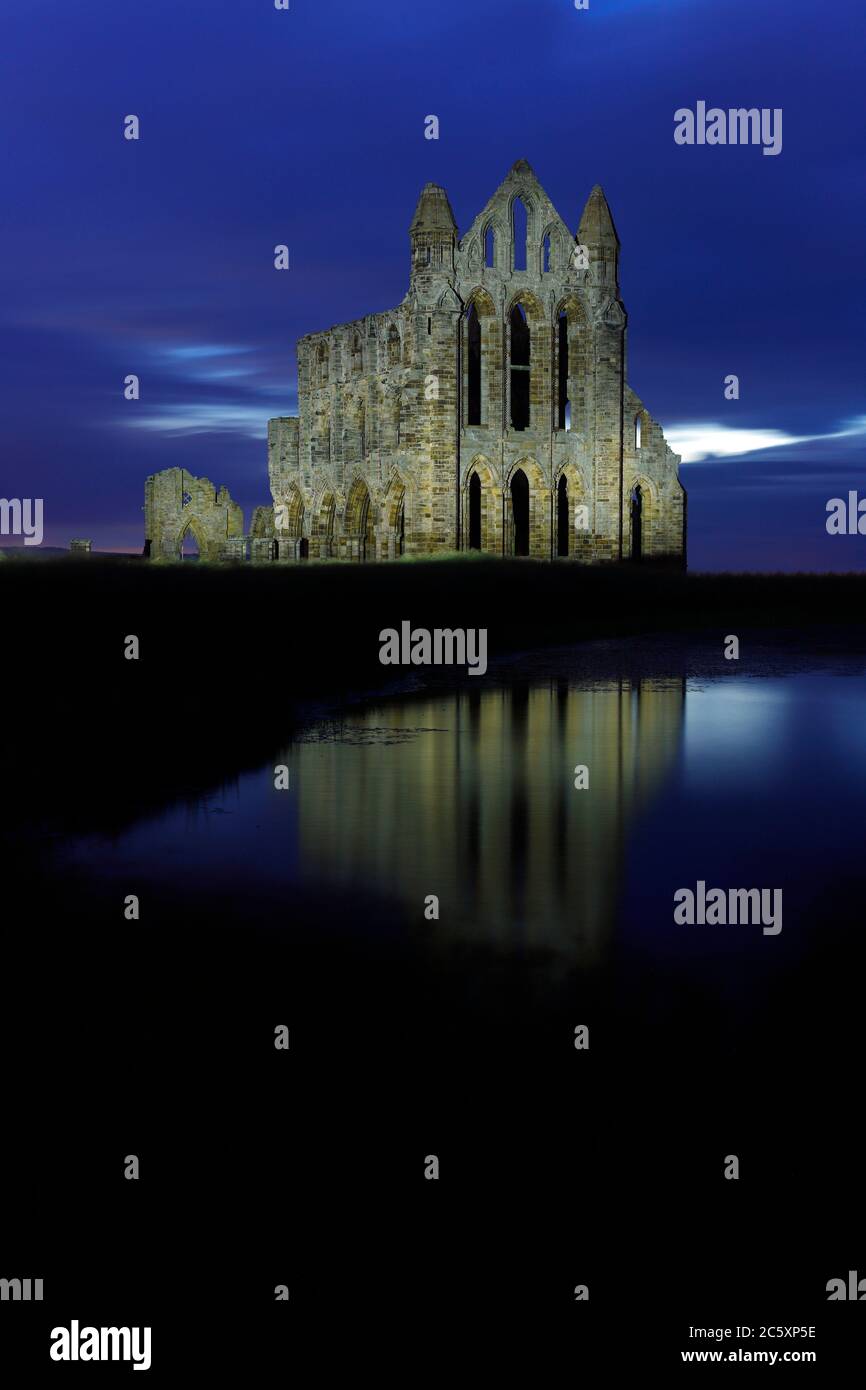 Whitby Abbey illuminated by light painting with a hand held torch Stock ...