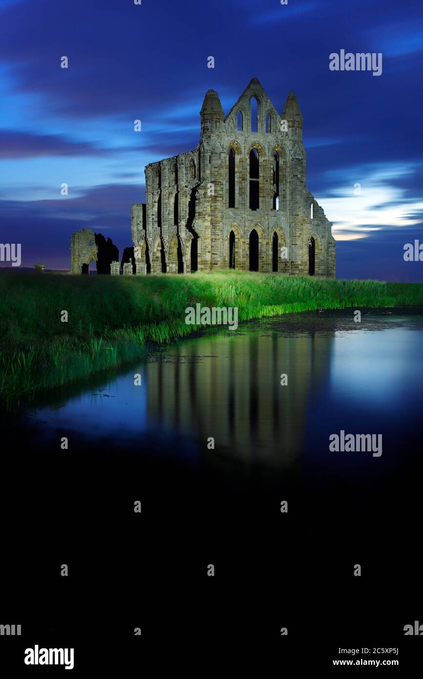 Whitby Abbey illuminated by light painting with a hand held torch Stock ...