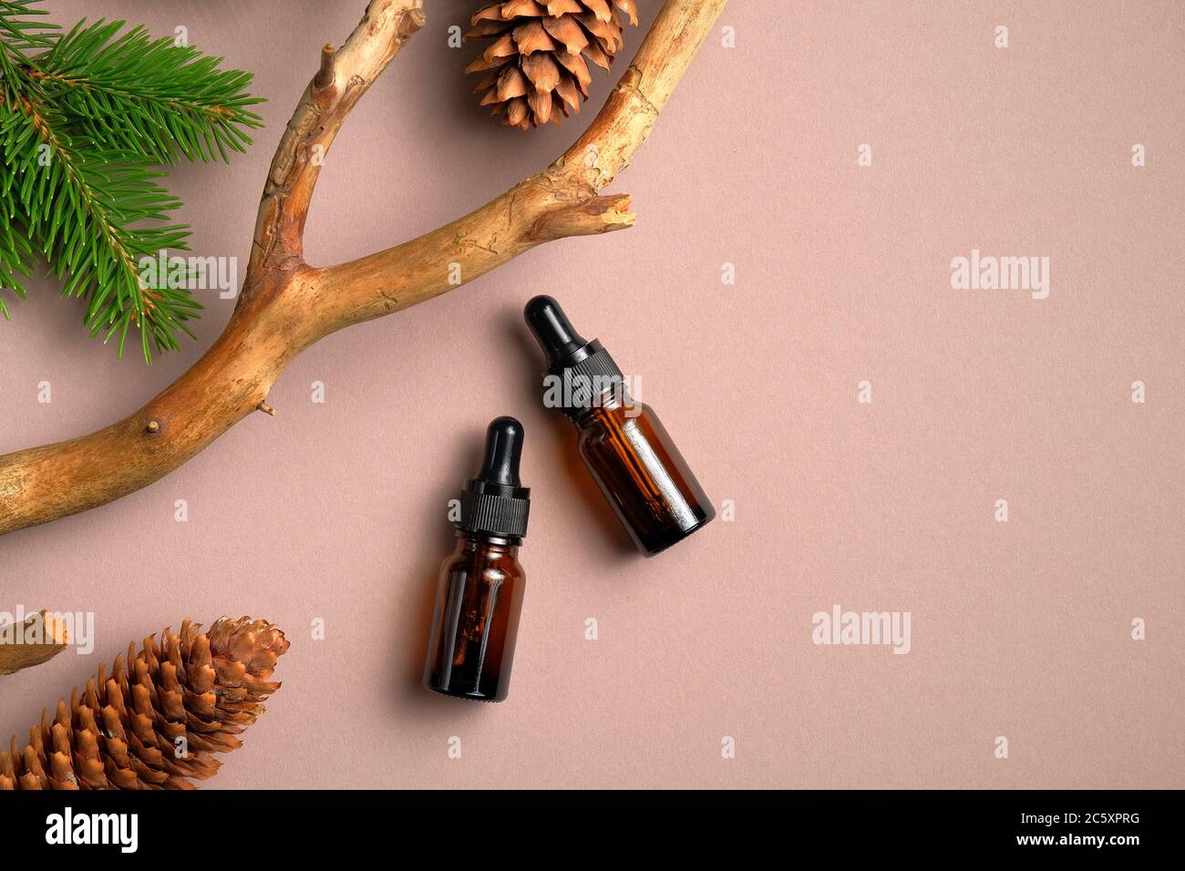 Flat lay composition with bottles of conifer essential oil on neutral ...