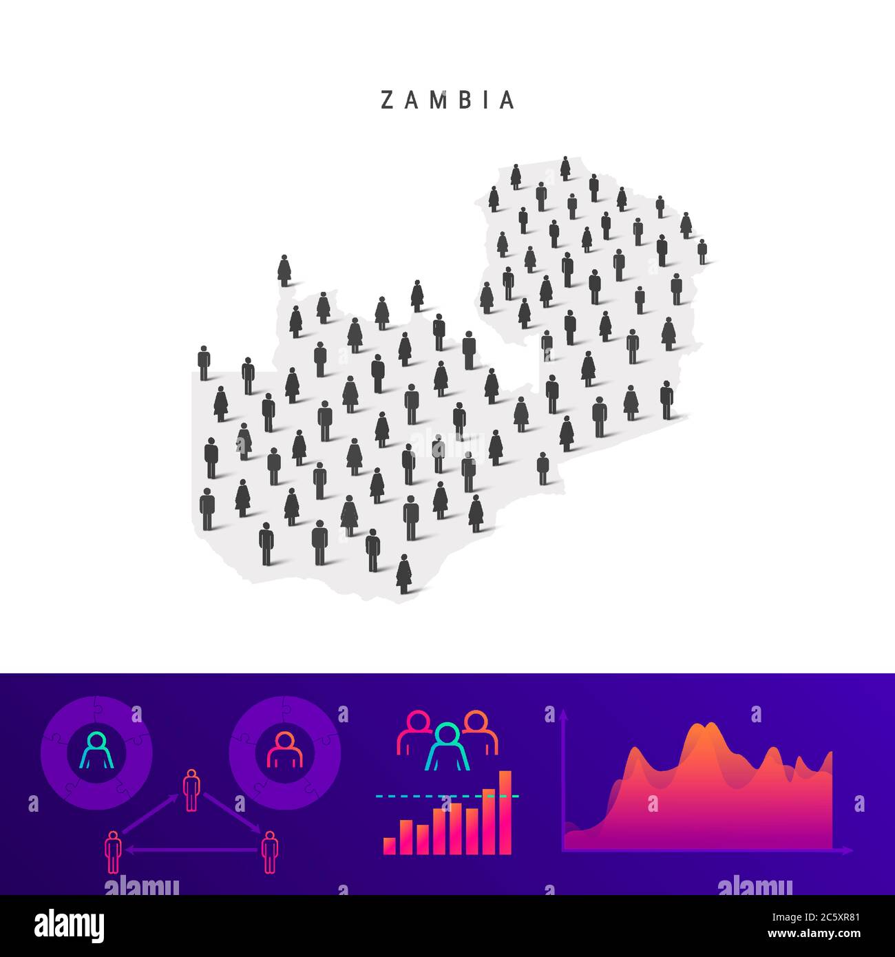 Zambia people map. Detailed vector silhouette. Mixed crowd of men and ...