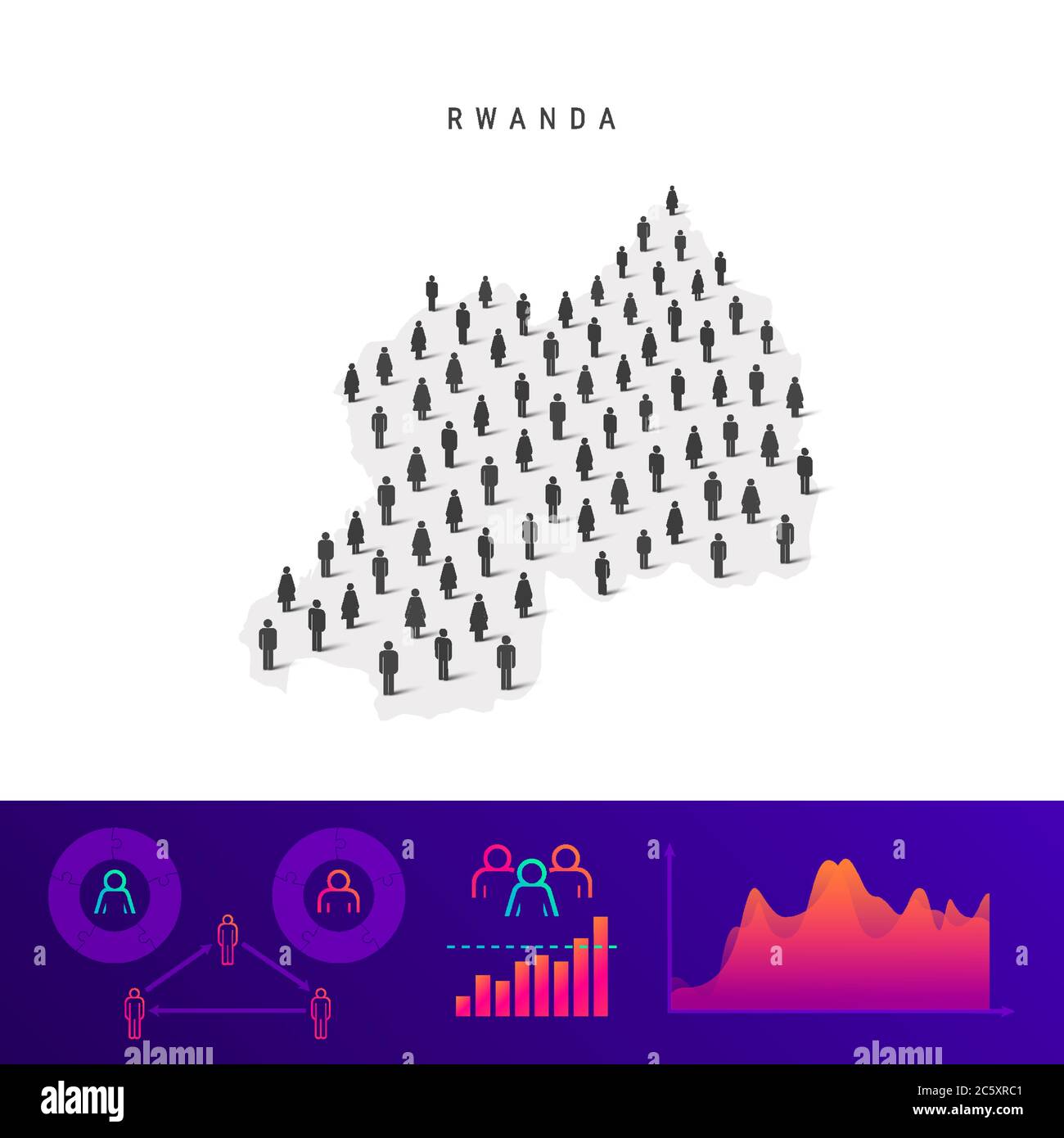 Rwanda people map. Detailed vector silhouette. Mixed crowd of men and ...