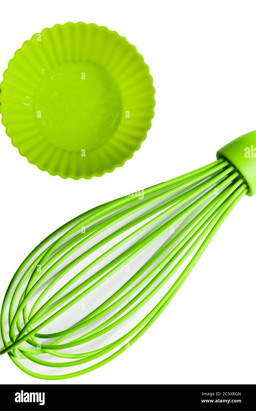 Set of green silicone cooking utensils isolated on white background ...