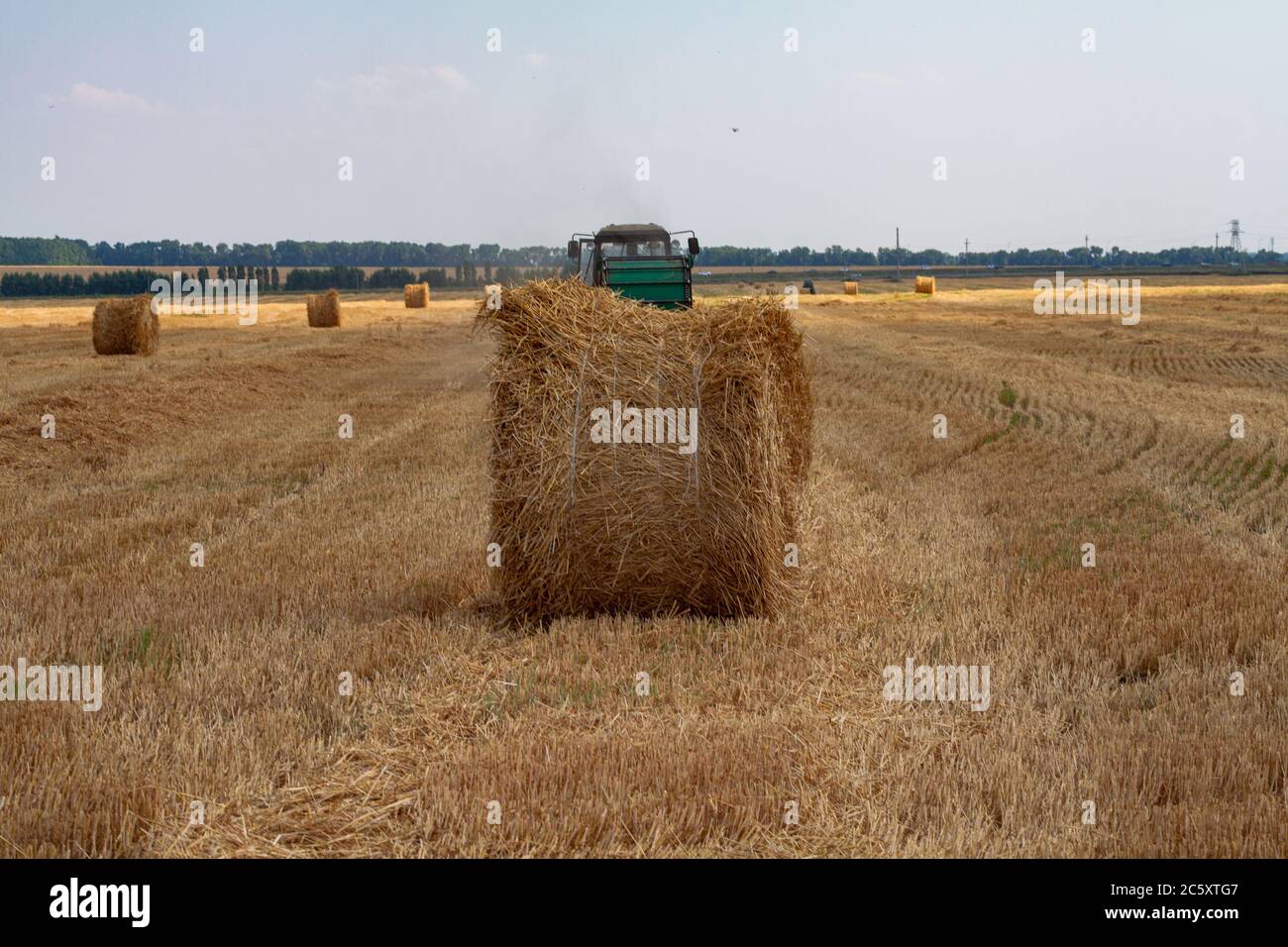 A tractor with a trailed bale making machine collects straw rolls in ...