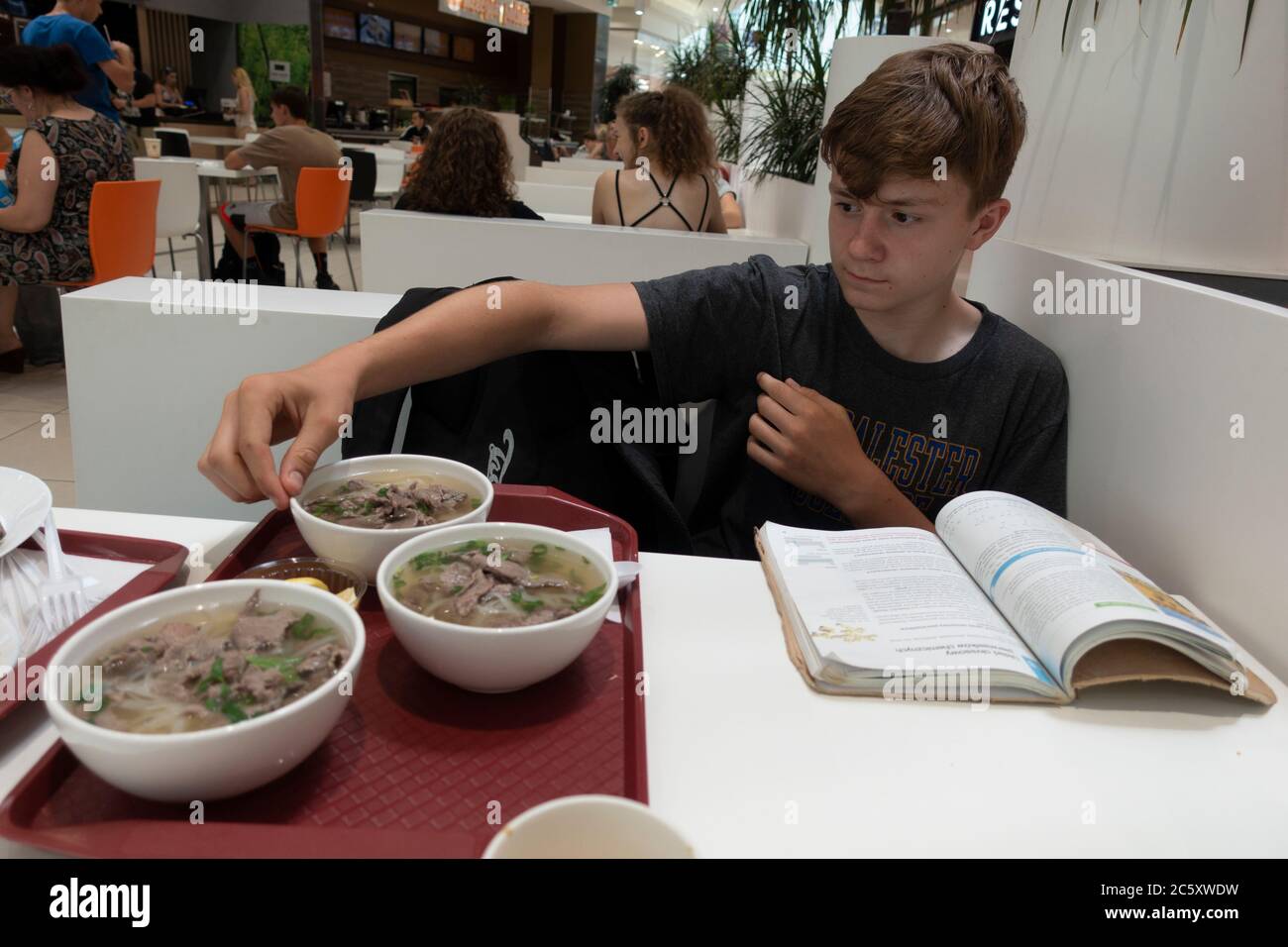 Young teenage boy taking a bowl of soup and studying a book in a ...