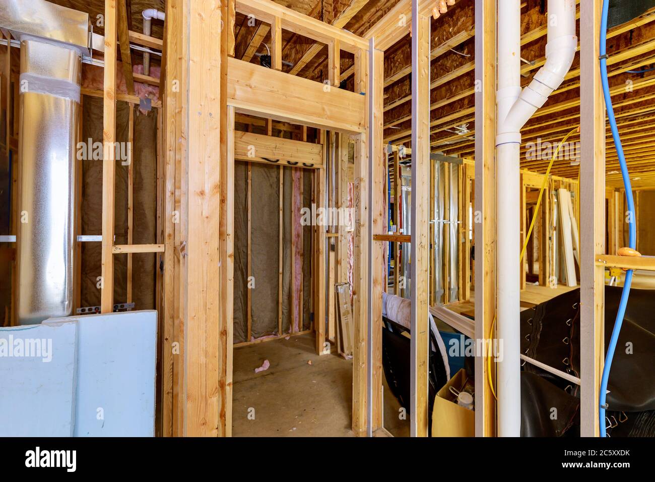 Framing home unfinished wood building or a house under construction ...