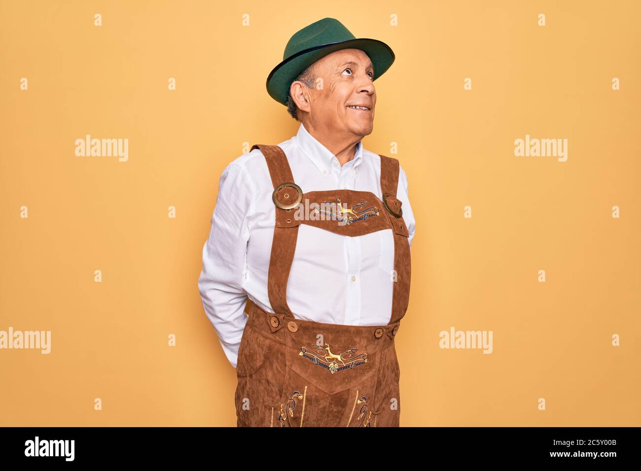 Senior grey-haired man wearing german traditional octoberfest suit over ...