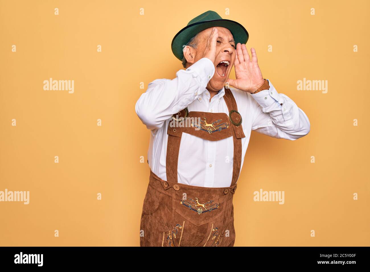 Senior grey-haired man wearing german traditional octoberfest suit over ...