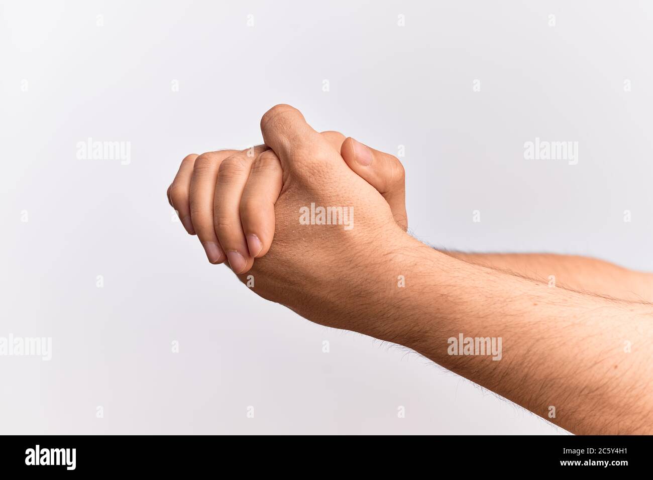 Hand of caucasian young man showing fingers over isolated white ...