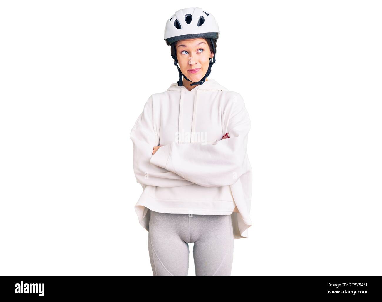 Beautiful Brunette Young Woman Wearing Bike Helmet And Sporty Clothes