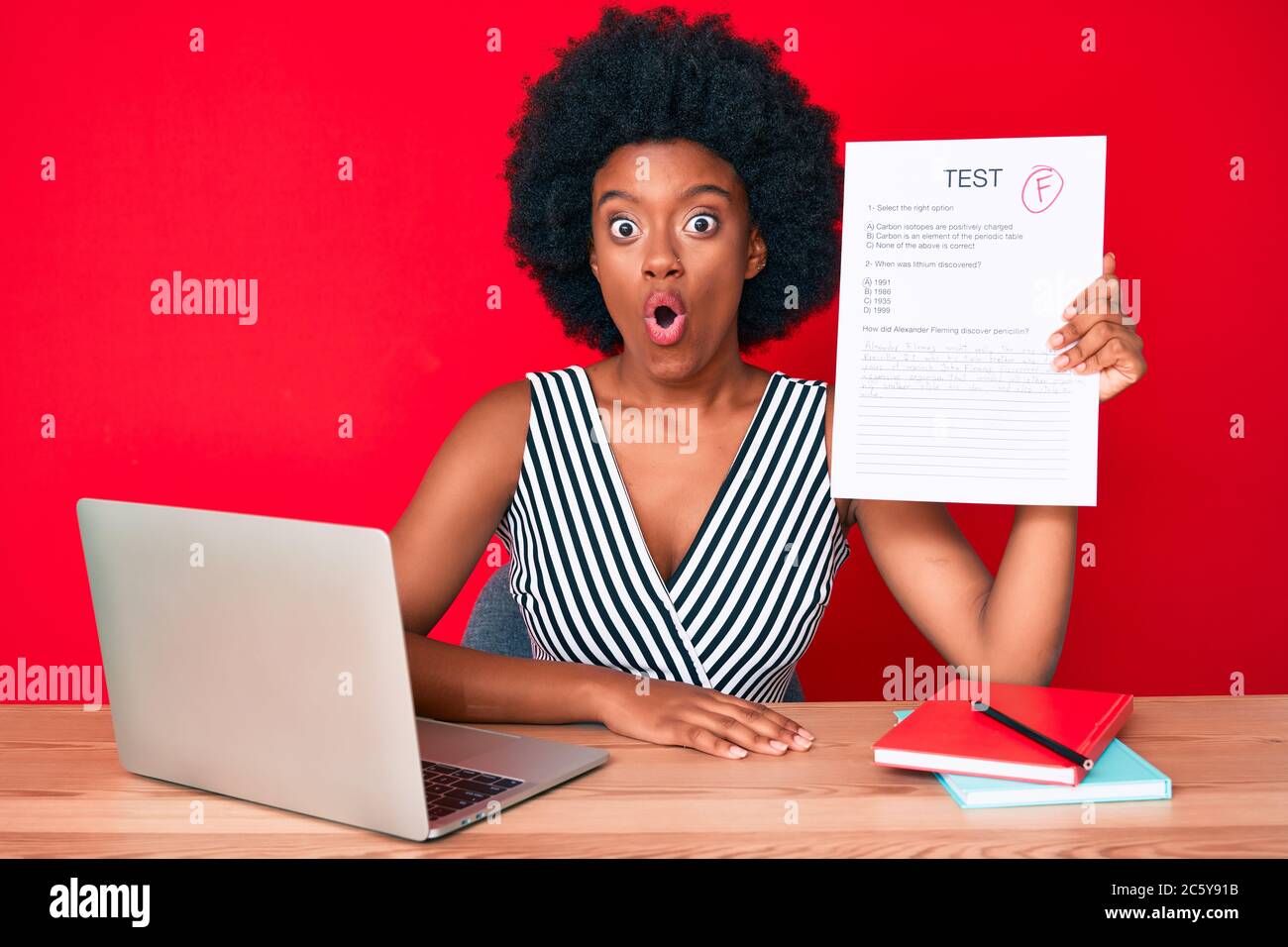 Young african american woman showing a failed exam scared and amazed ...