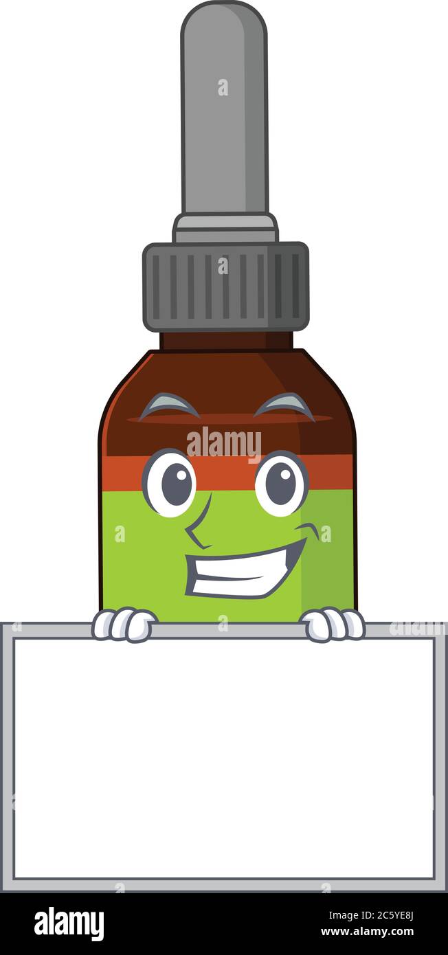 Funny cartoon design style liquid bottle standing behind a board Stock ...