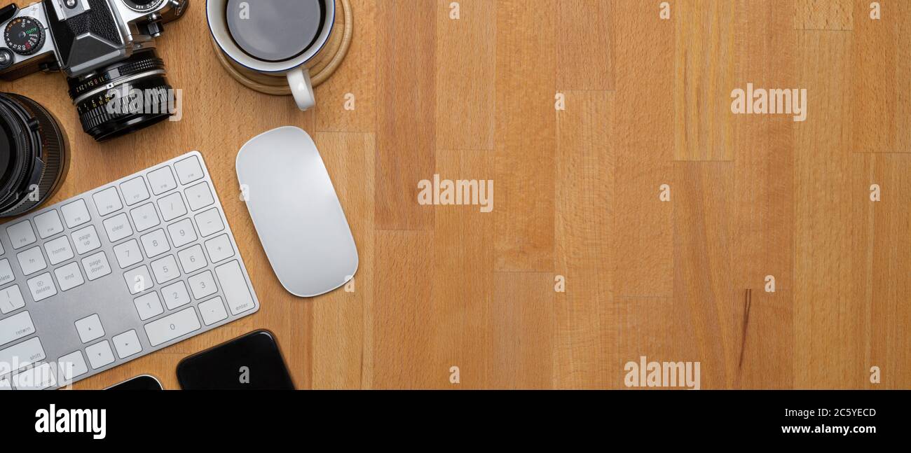 Top view of modern workspace with copy space, wireless computer devices ...