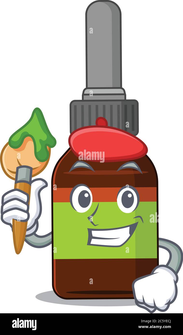 Liquid bottle artist cartoon picture style paint a landscape using a ...