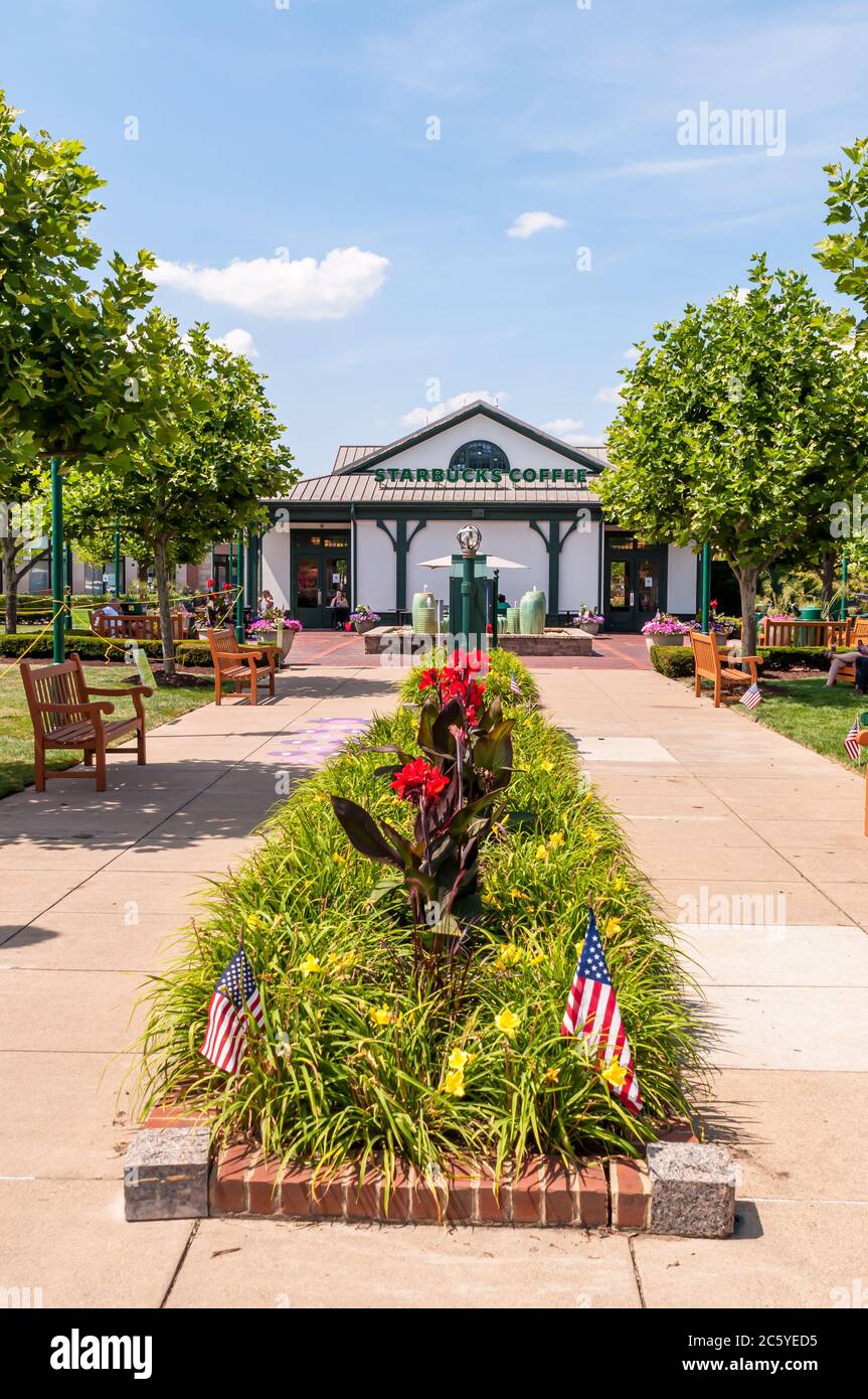 A sidewalk with a flower garden in the middle of it leading to a ...