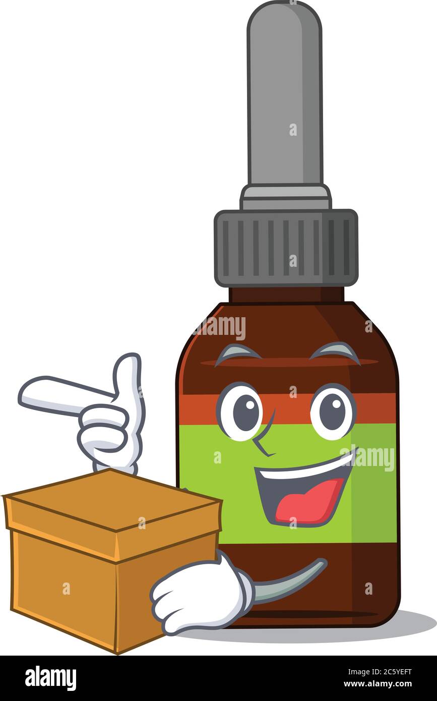A smiling liquid bottle cartoon mascot style having a box Stock Vector ...