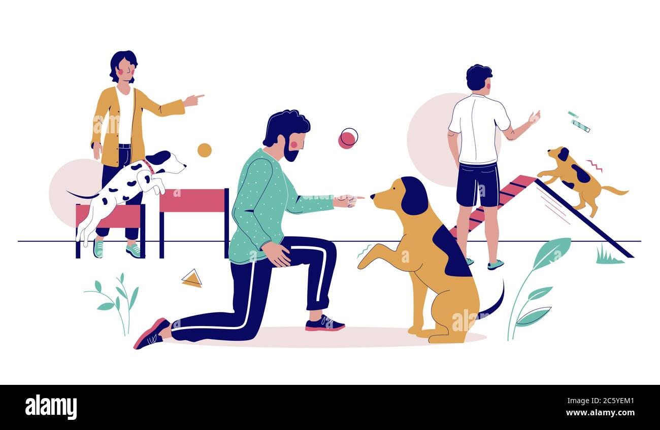 Puppy training classes on dog playground, vector flat illustration ...